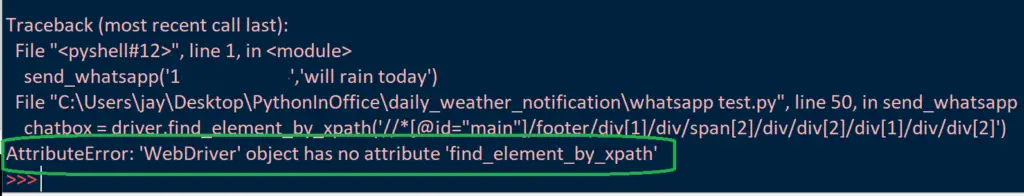 Fixing Selenium AttributeError WebDriver Object Has No Attribute find element by xpath 